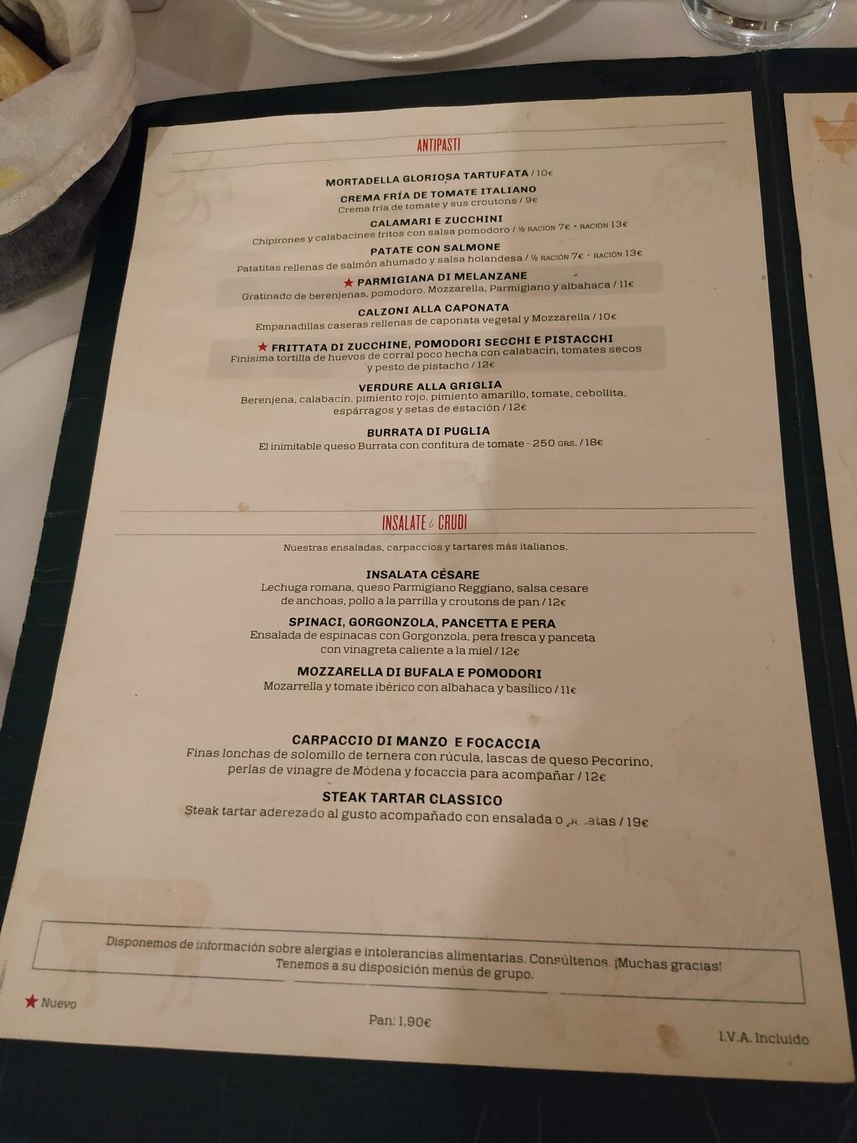 Carta del restaurante Rugantino, Madrid