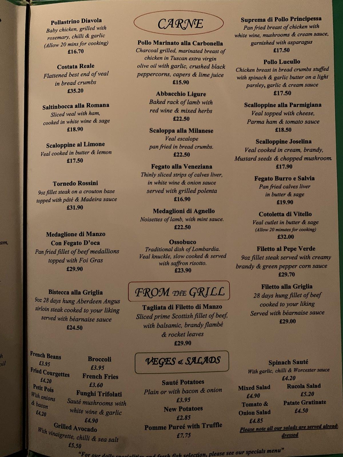 Menu at Signor Sassi restaurant, London