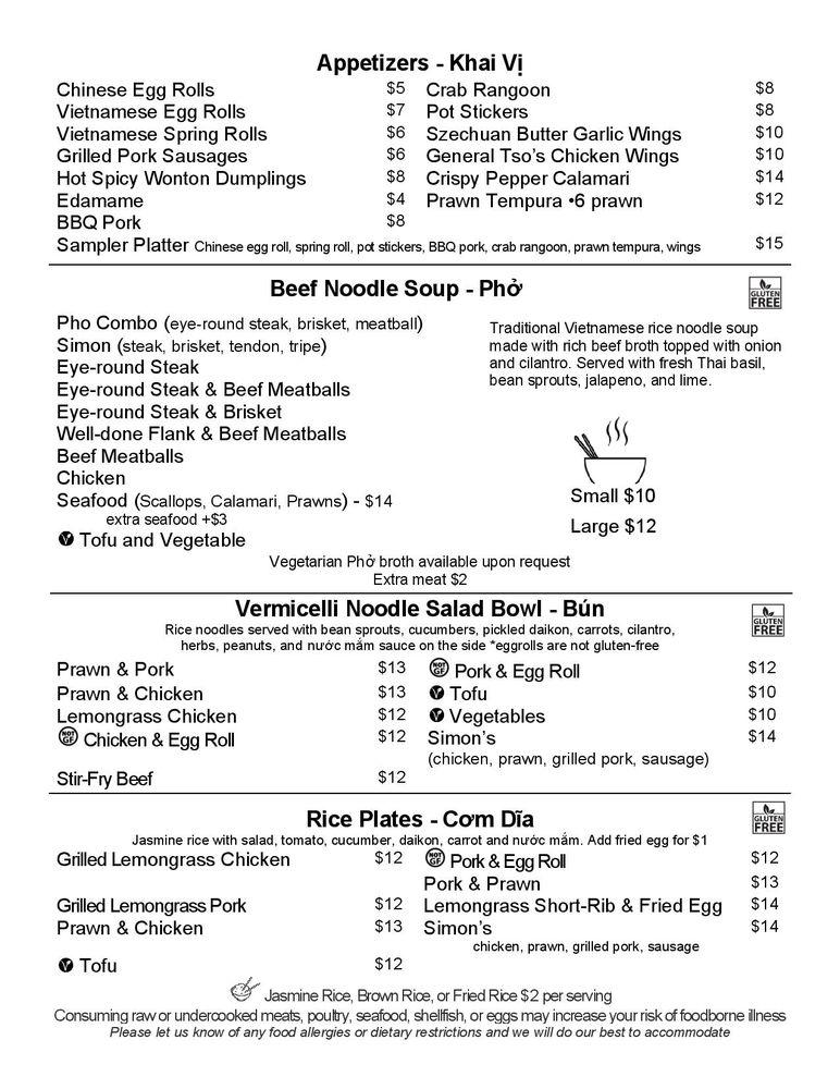 Menu at Simon's restaurant, Port Orchard
