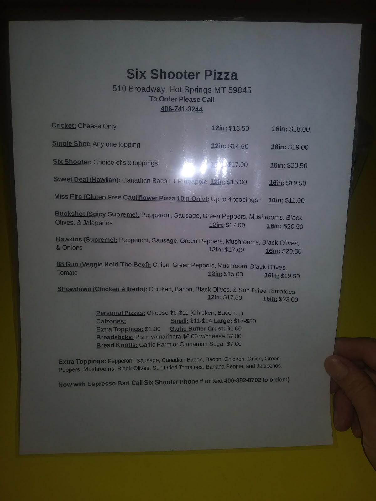 Menu at Six Shooter Pizza and S.G2 Espresso restaurant, Hot Springs