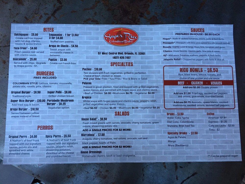 Menu at Super Rico Colombian Restaurant & Bar, Orlando