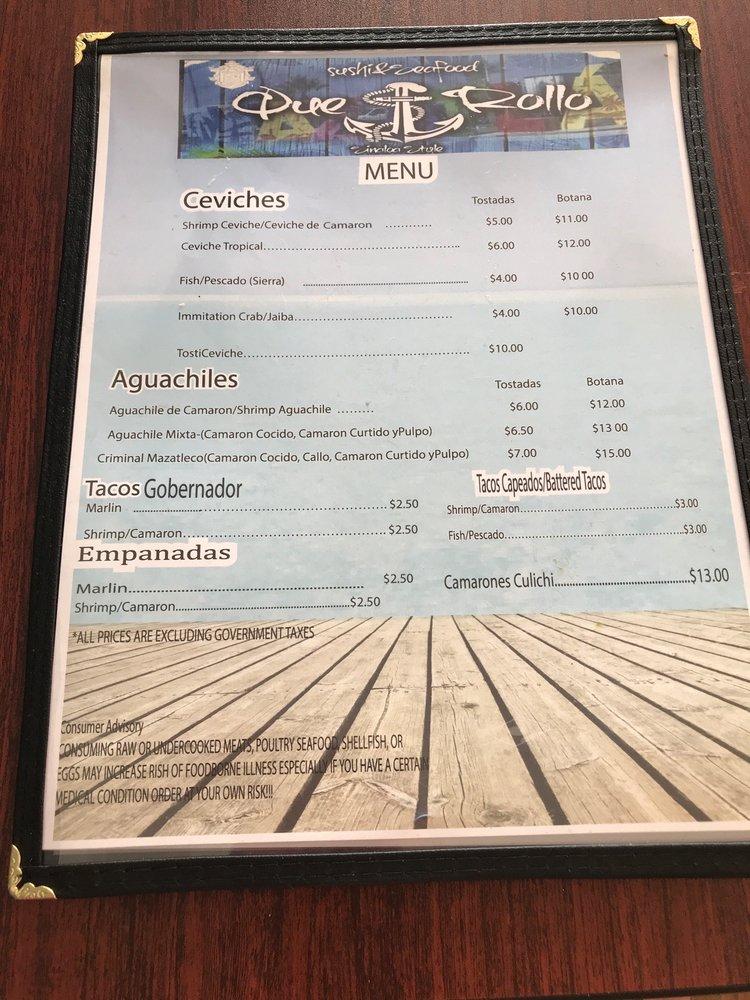 Menu at Sushi y Mariscos Que Rollo restaurant, Los Angeles
