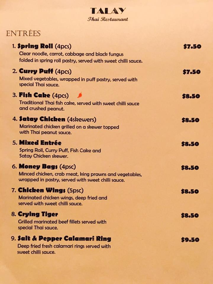 Menu at Talay Thai Restaurant, Batemans Bay