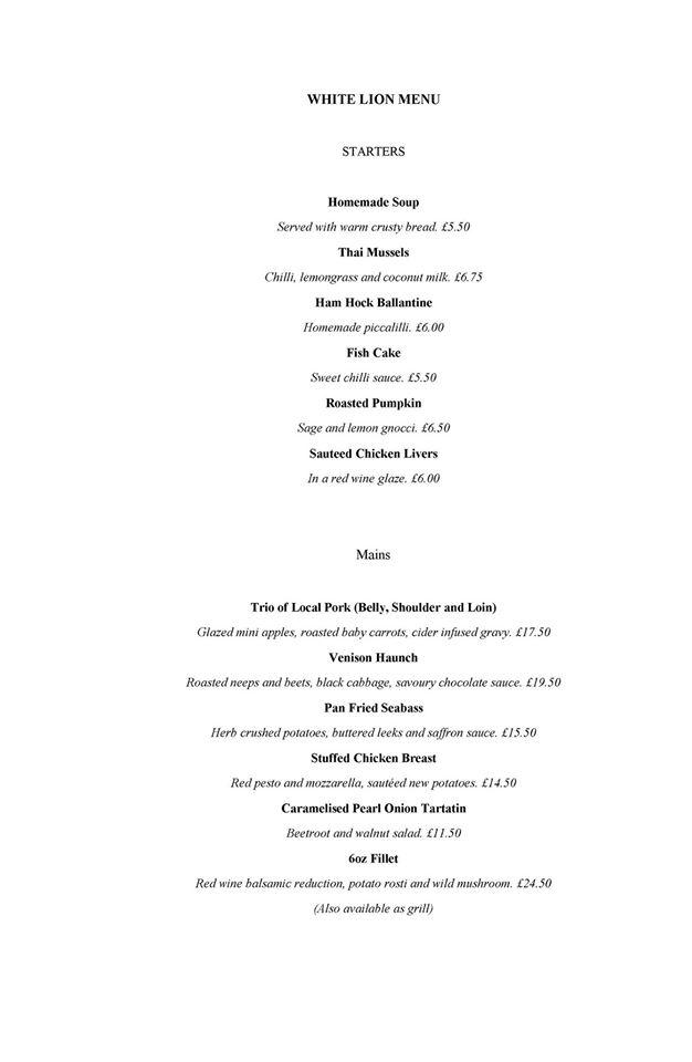 Menu at White Lion Pub, North Kilworth