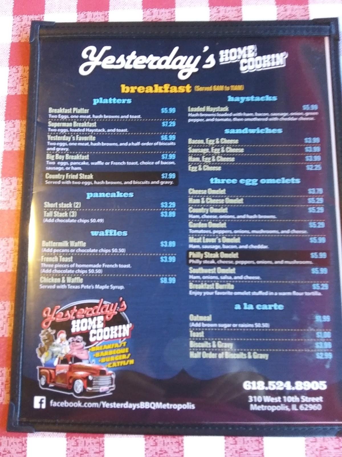 Menu at Yesterday’s Home Cookin' BBQ, Metropolis