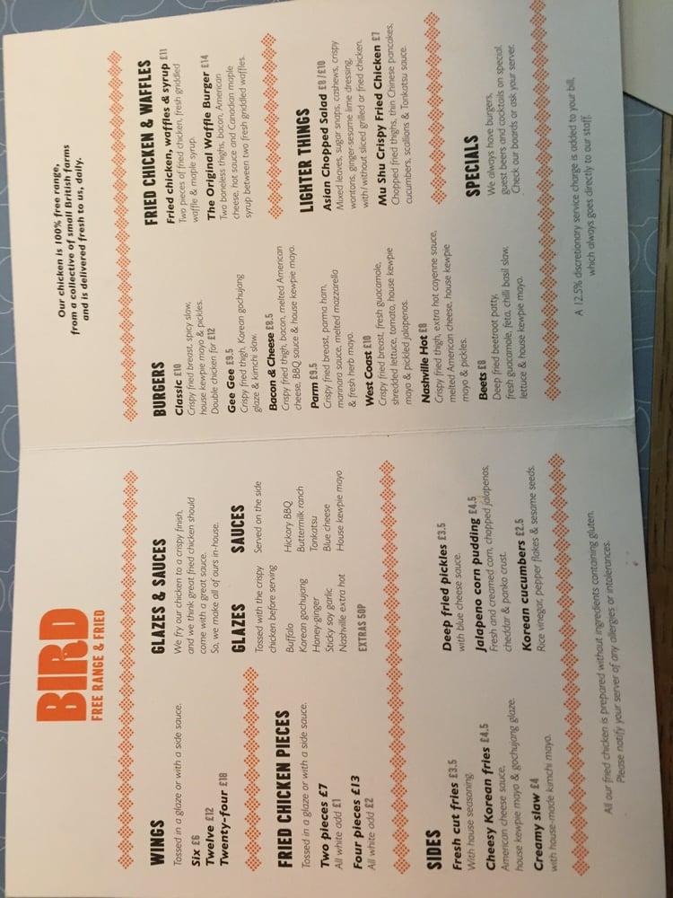 Menu at Bird Islington restaurant, London, 81 Holloway Rd