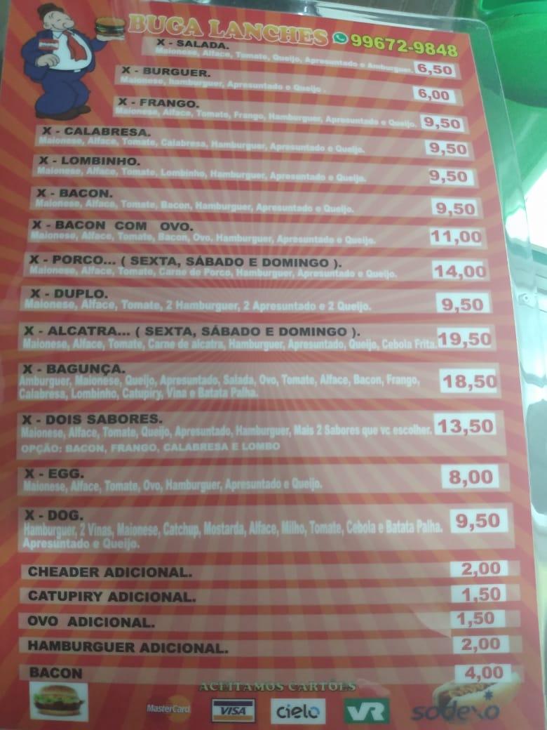 Menu at Buga Lanches, Almirante Tamandaré
