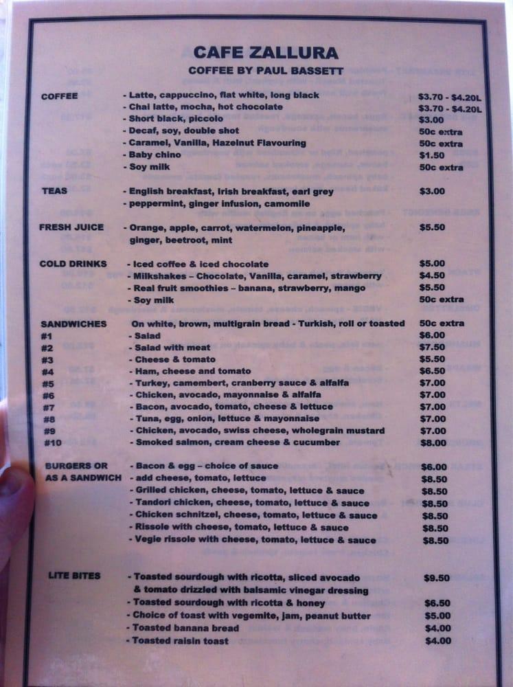 Menu At Cafe Zallura Neutral Bay