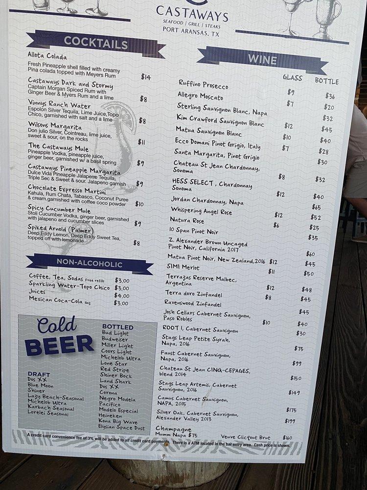 Menu at Castaway’s Seafood & Grill restaurant, Port Aransas, 337 N ...