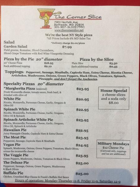 Menu at Corner Slice pizzeria, Bethesda
