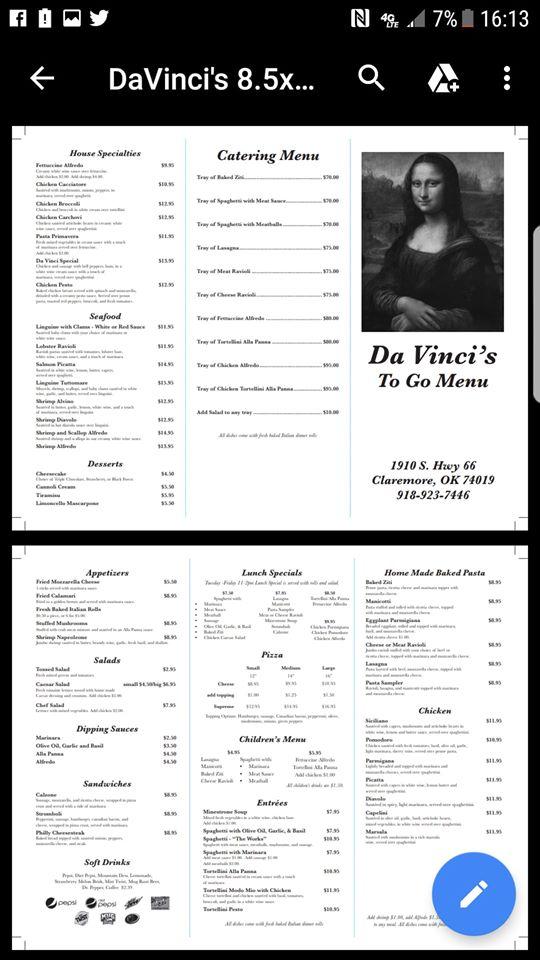 Menu at Da Vinci’s pizzeria, Claremore