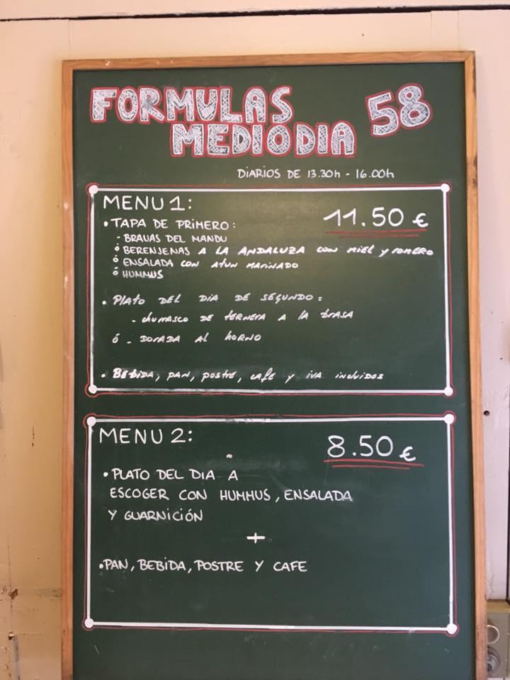 Menu at El 58 pub & bar, Barcelona