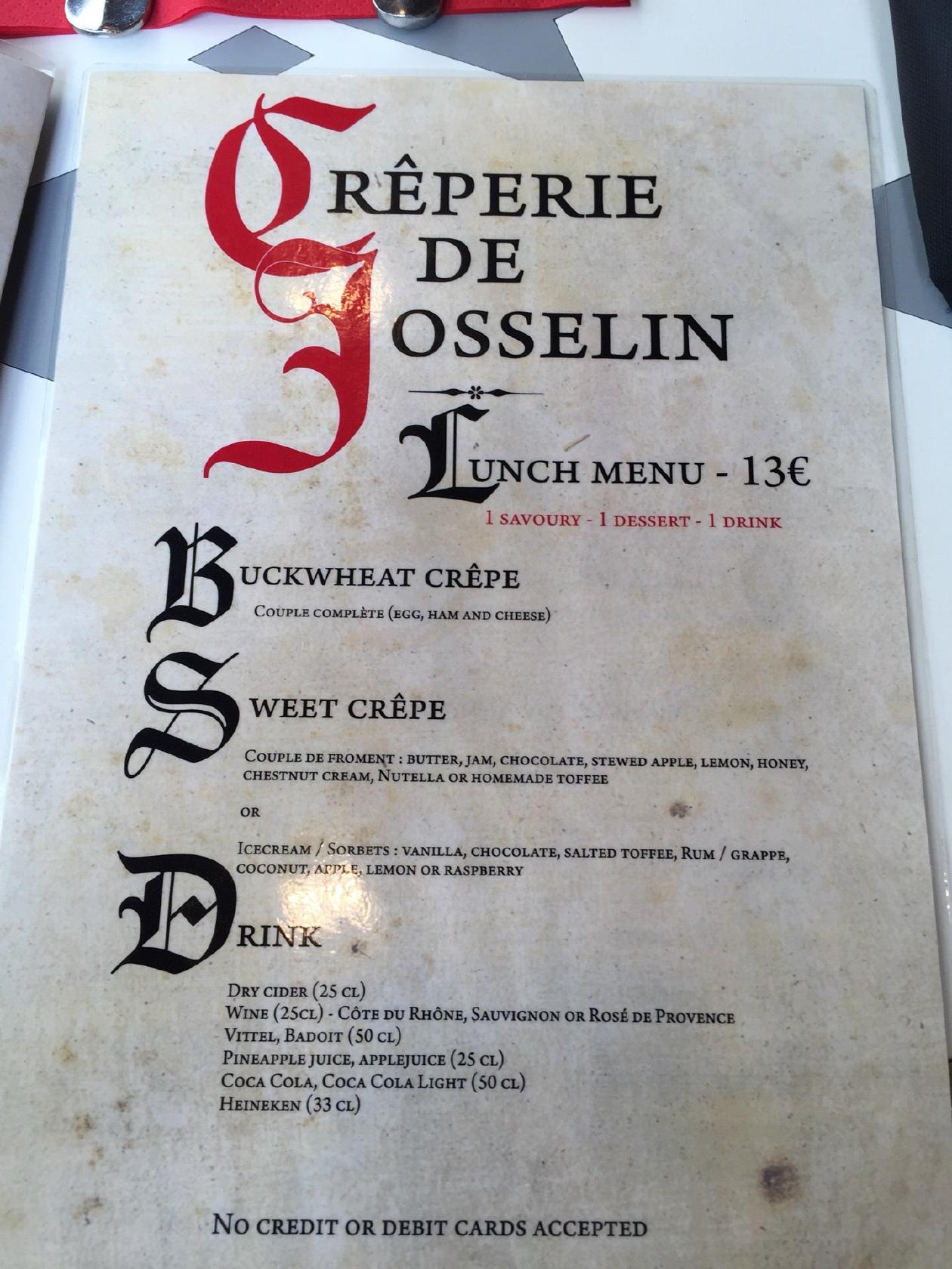 Menu at Crêperie de Josselin restaurant, Paris