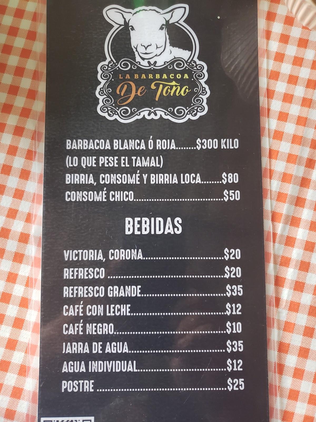 Menu at La barbacoa de toño, Tepatlaxco
