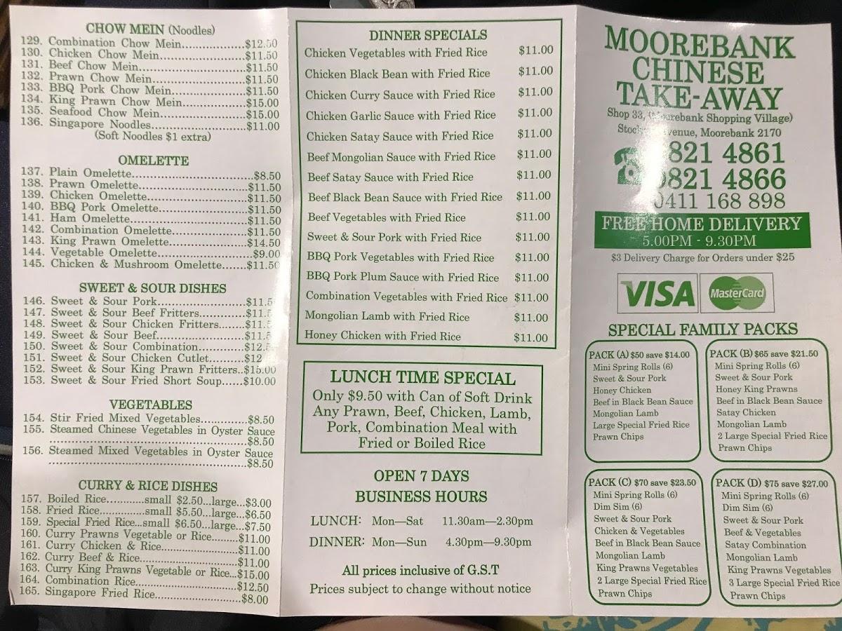 Menu at Moorebank Chinese Take Away Food restaurant, Moorebank