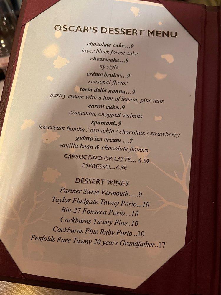 Menu at Oscar's Oceanside restaurant, Virginia Beach