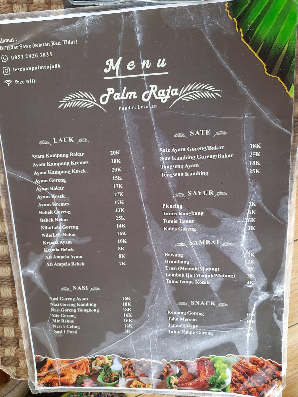 Menu at PALM RAJA restaurant, Magelang