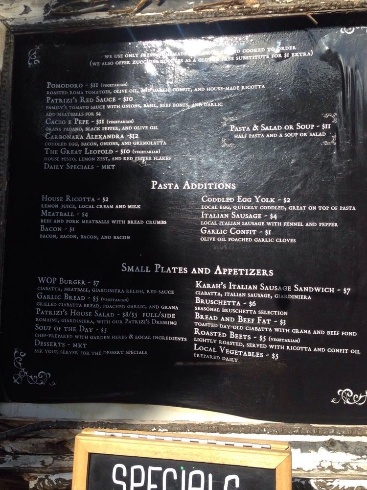 Menu at Patrizi's restaurant, Austin, Manor Rd
