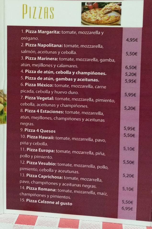 Carta de Pizzeria Yasmin, Melilla, Paseo Marítimo Mir Birlangas N°10