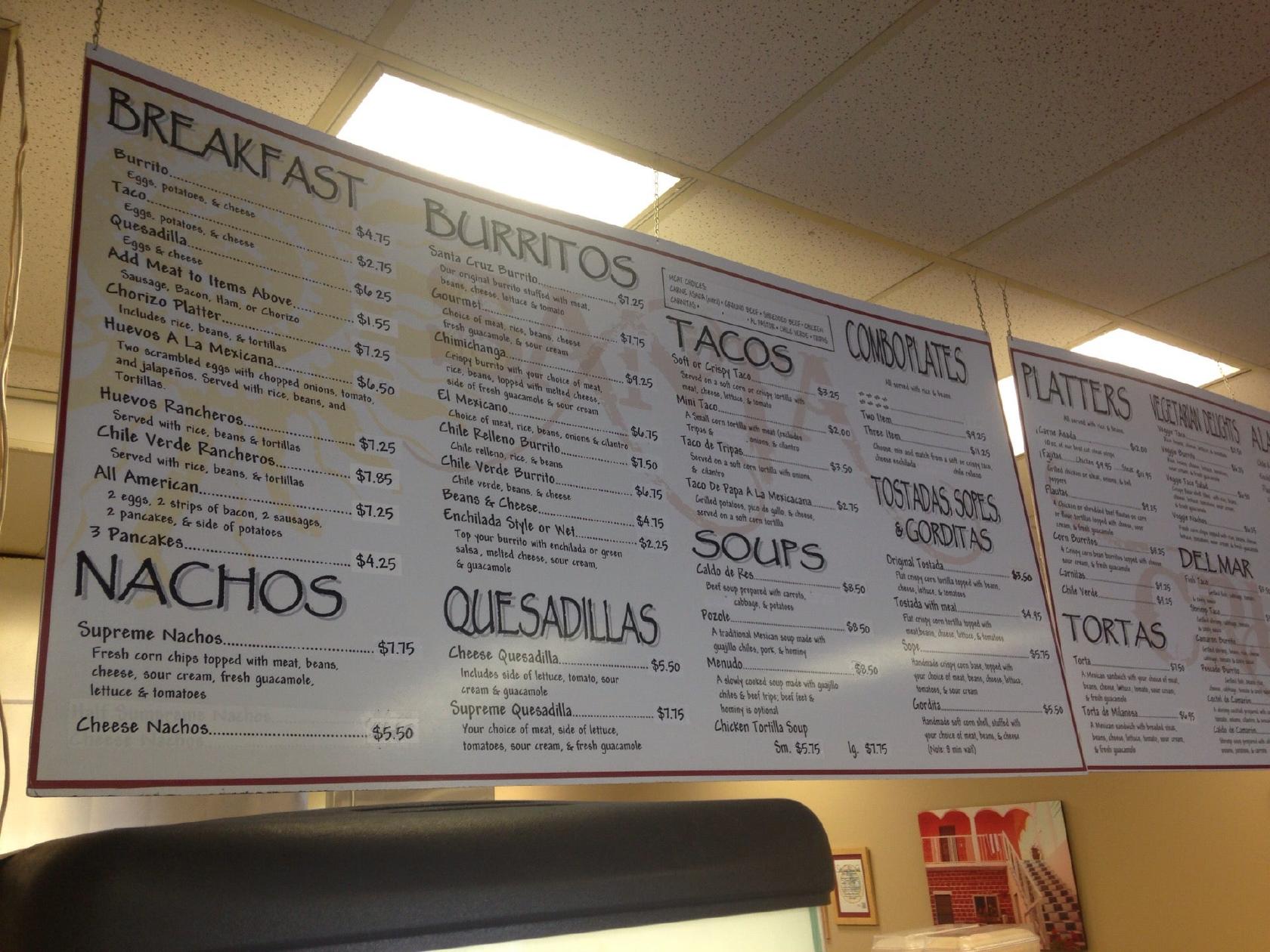 Menu at Santa Cruz Mexican Cuisine restaurant, Ventura