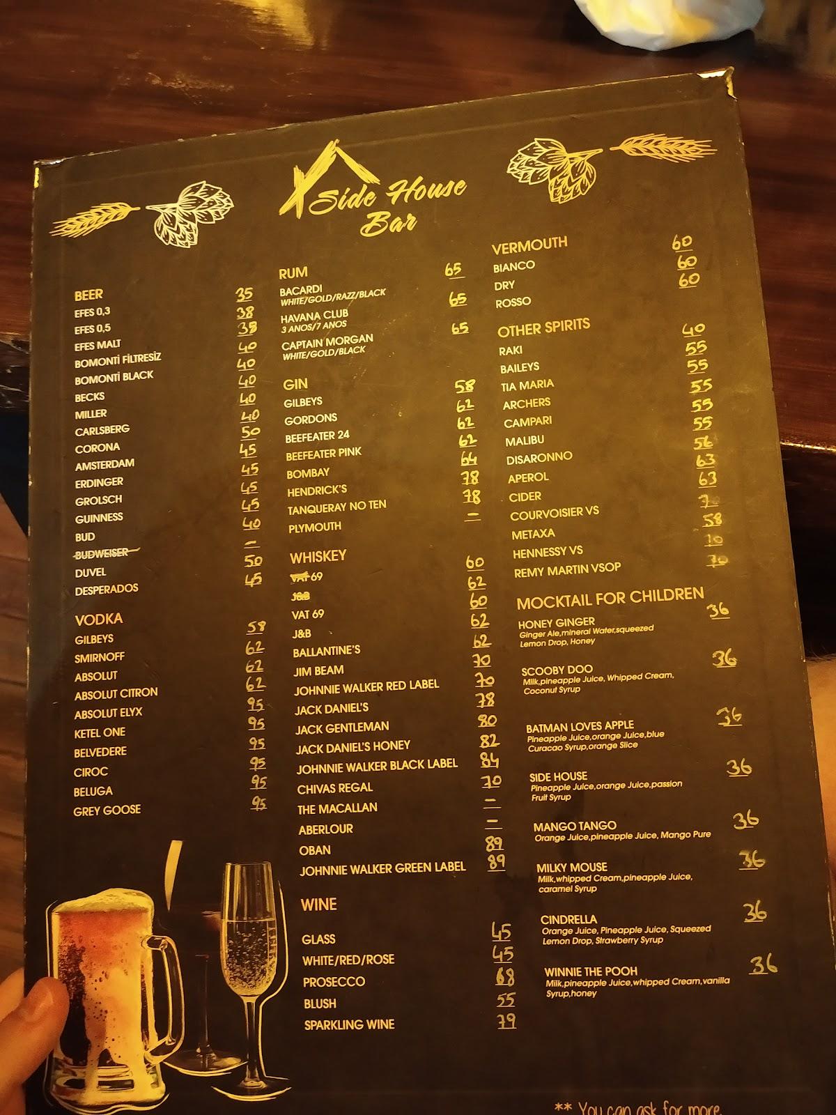 Carta de Side House Cafe, Manavgat