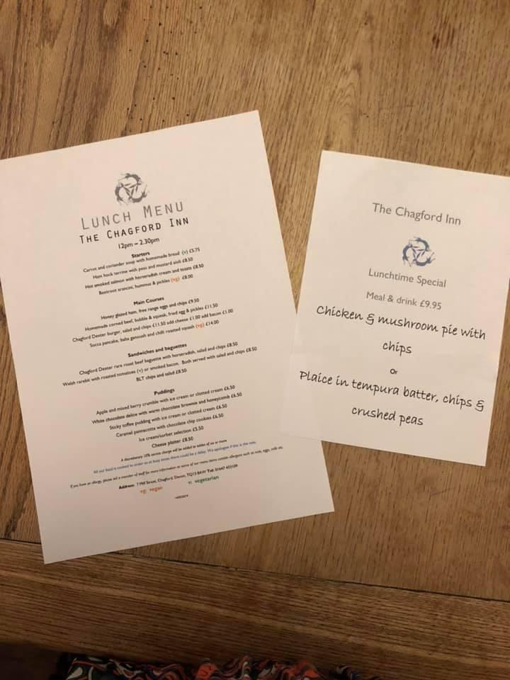 Menu at The Chagford Inn restaurant, Chagford