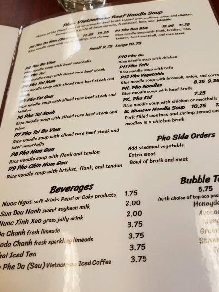 Menu at VN Pho restaurant, Wenatchee