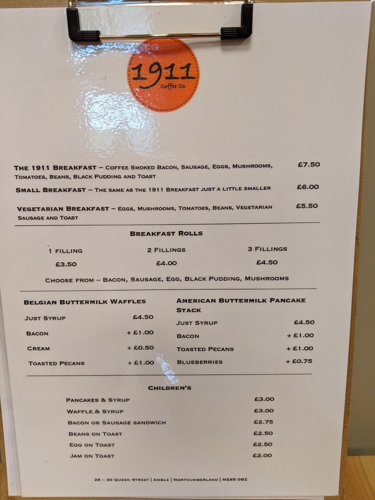 Menu at 1911 Coffee Co. cafe, Warkworth