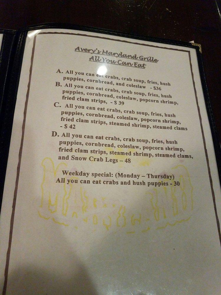 Menu at Avery's Maryland Grille pub & bar, Frederick