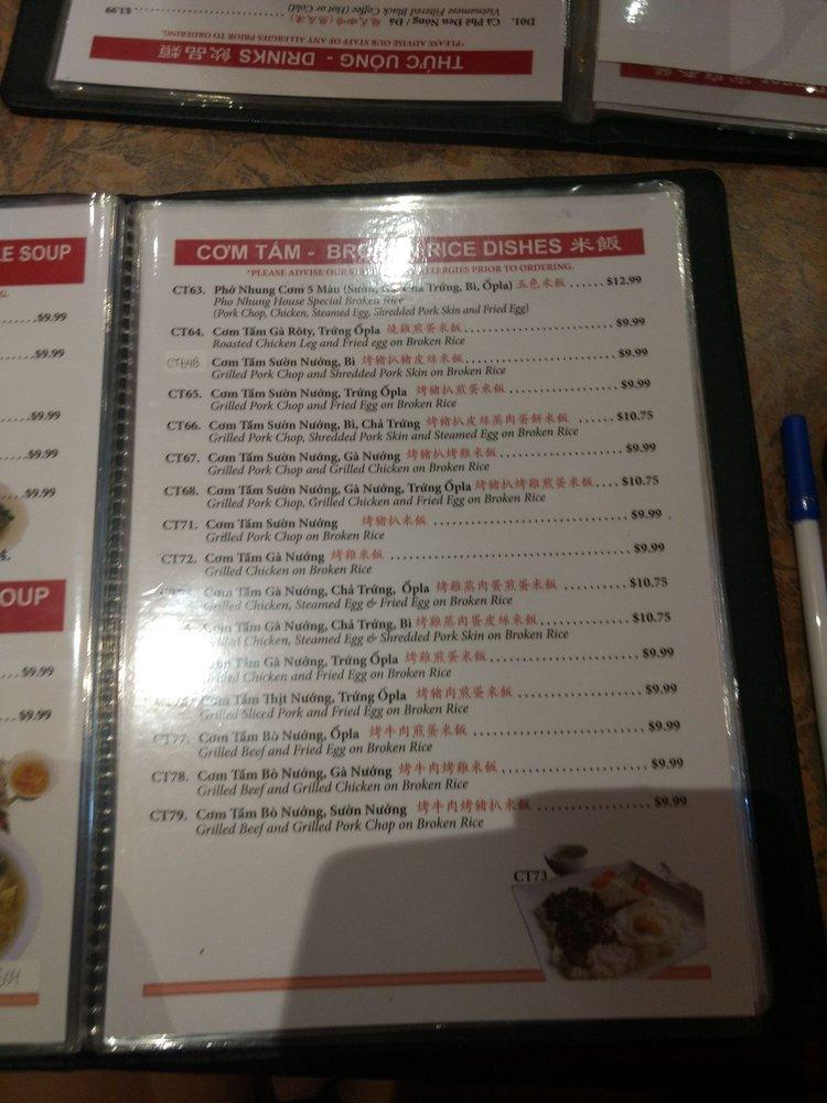 Menu at Pho Nhung restaurant, Hamilton