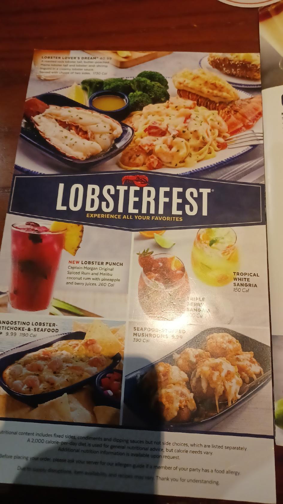 Menu at Red Lobster restaurant, Boise, 550 N Milwaukee St