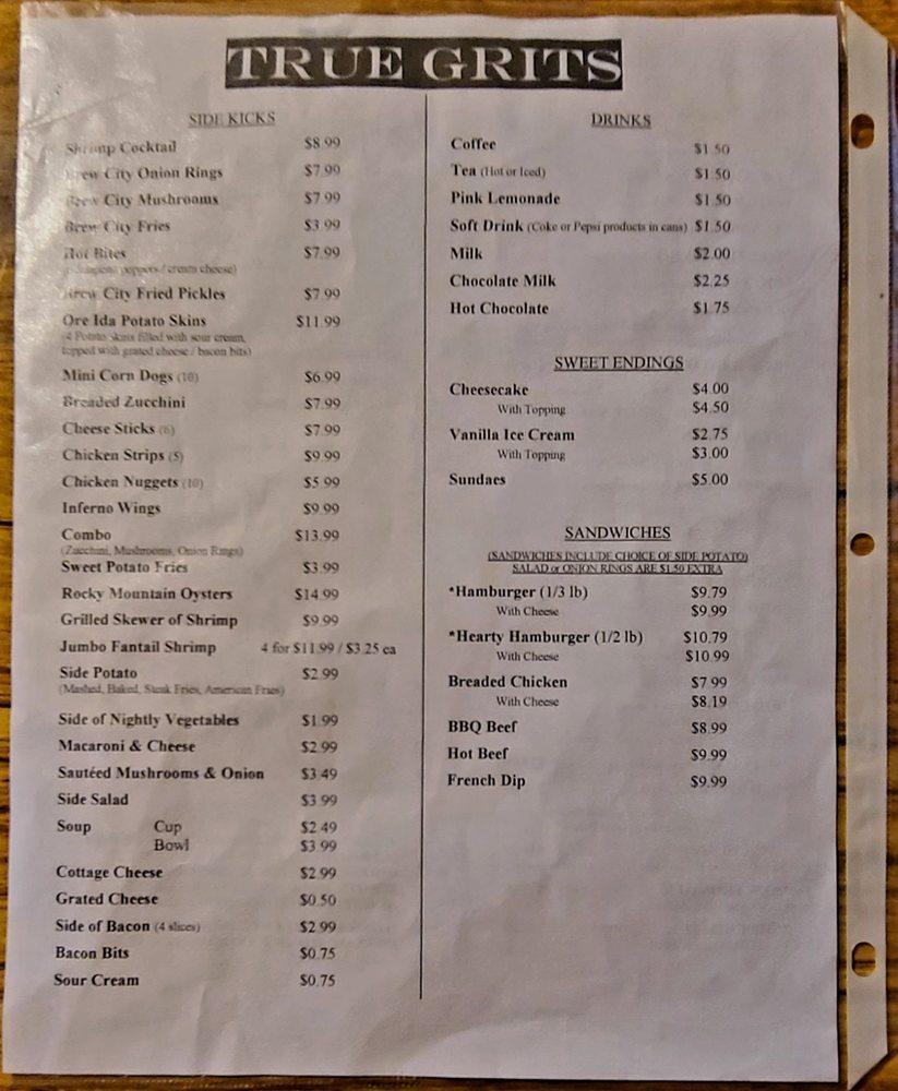 Menu at True Grits Steakhouse, Brush