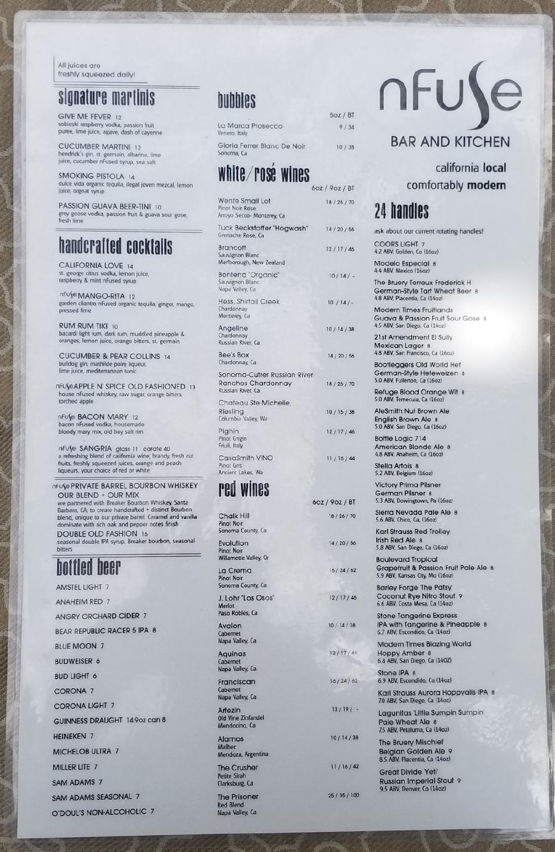 Menu at nFuse Restaurant, Bar & Lounge, Anaheim