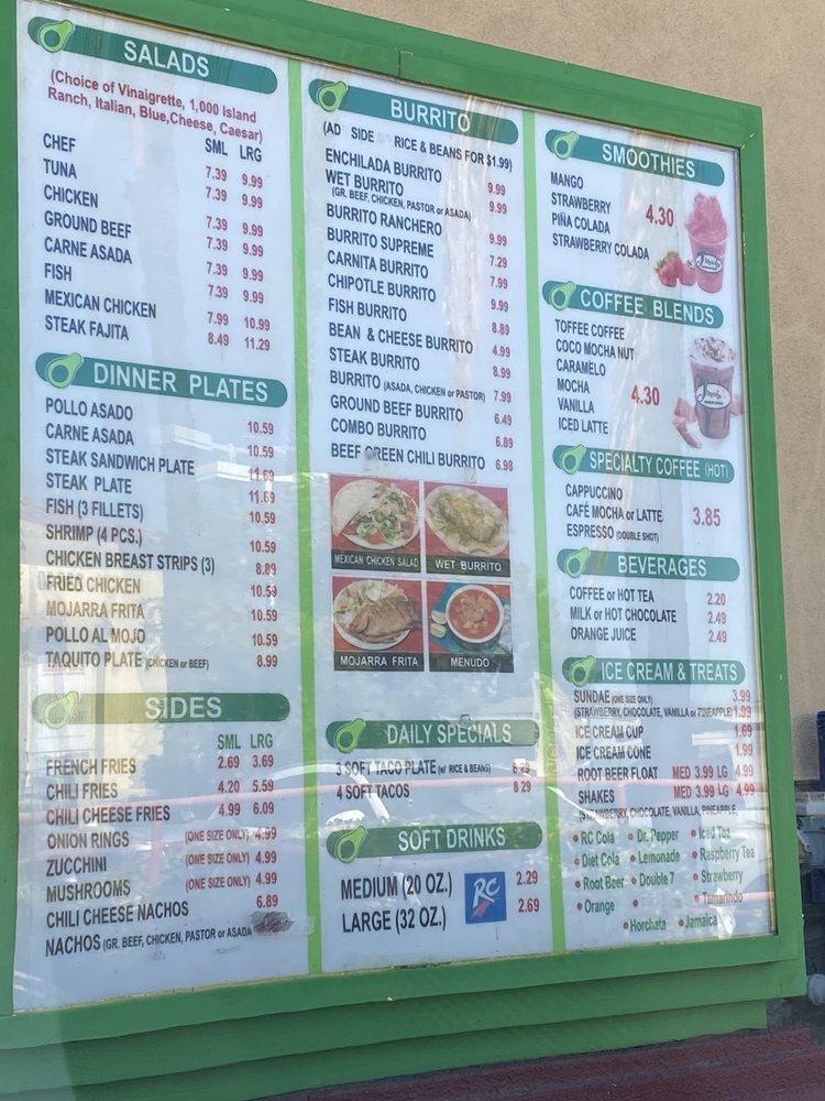 Menu at Avocado Burger restaurant, Moreno Valley