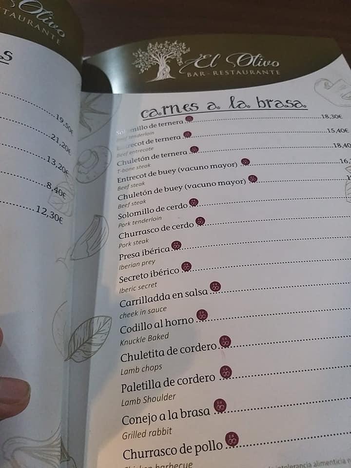 Menu at El Olivo restaurant, Olvera