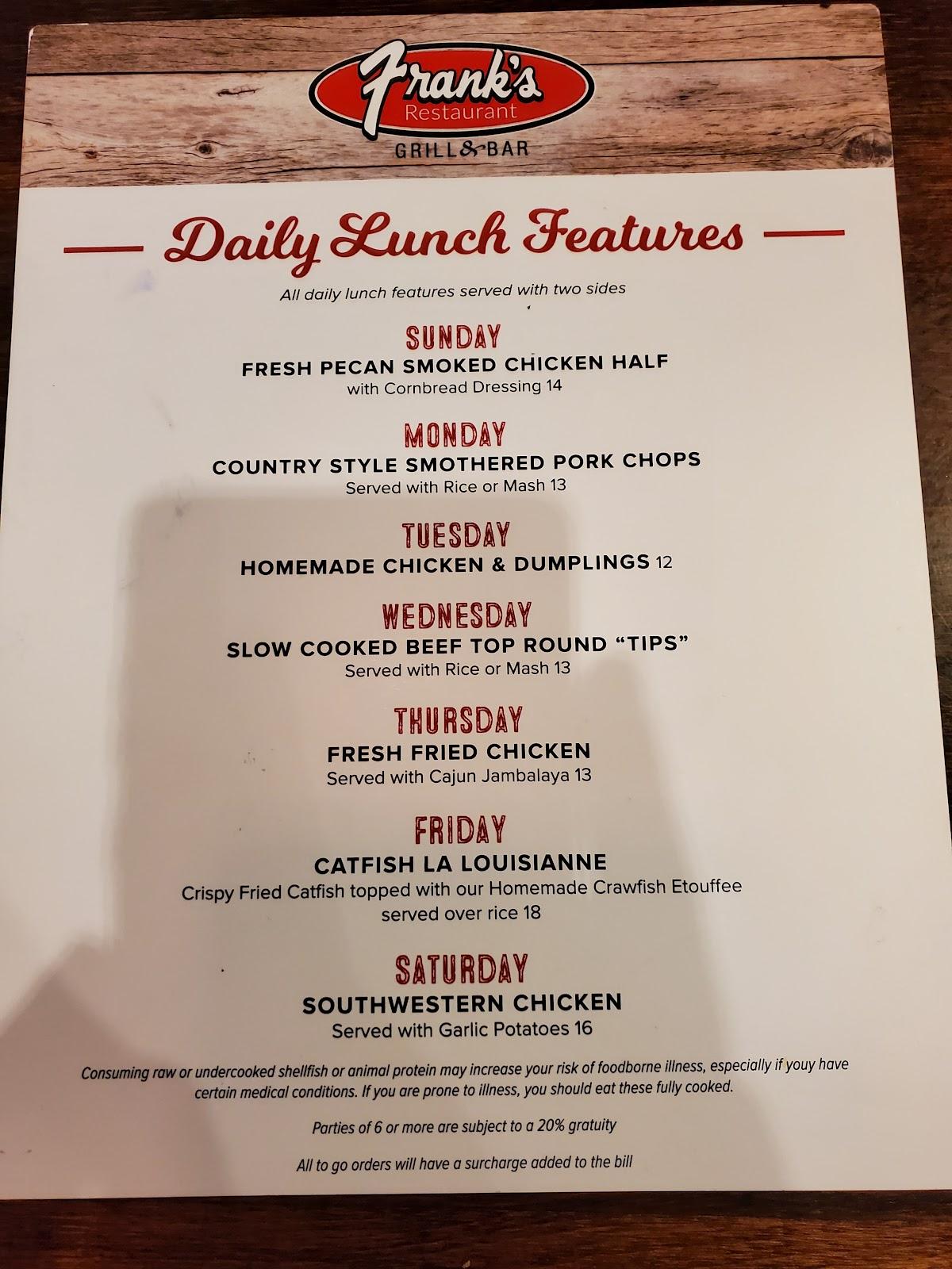 Menu at Frank’s Restaurant Grill & Bar-Prairieville, Prairieville ...