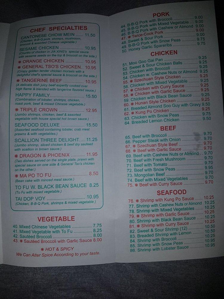 Menu at JT Restaurant, Caledonia