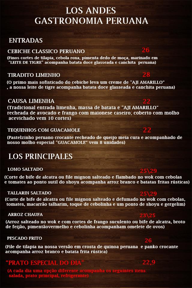Carta del restaurante Los Andes Gastronômia Peruana, Piracicaba