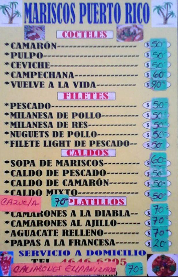 Menu at Mariscos Puerto Rico restaurant, Monterrey