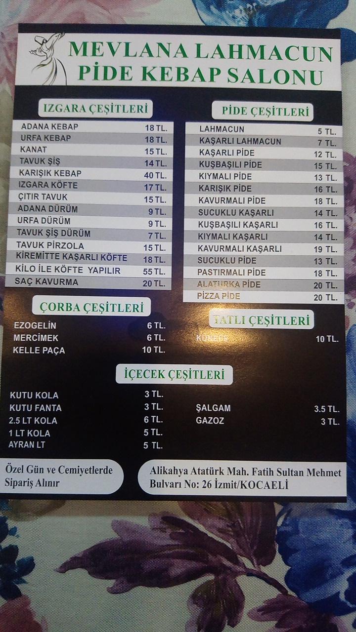 Menu at Mevlana Lahmacun, Izmit