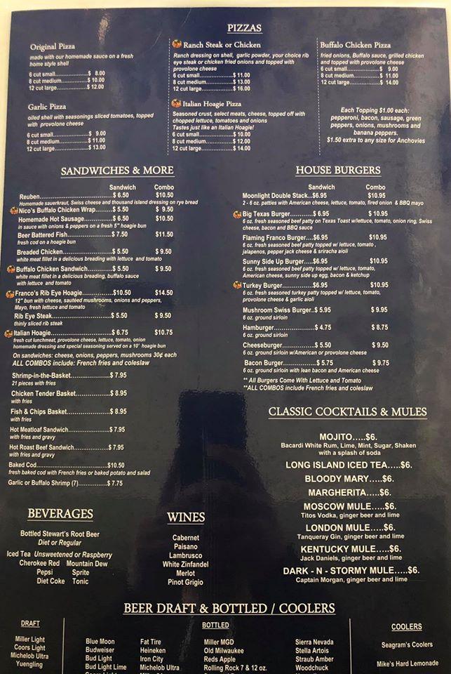 Menu at Moonlight Inn pub & bar, Vandergrift, La Belle Vue Rd