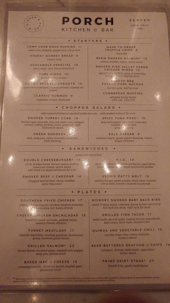 Menu at Porch Kitchen & Bar, Louisville