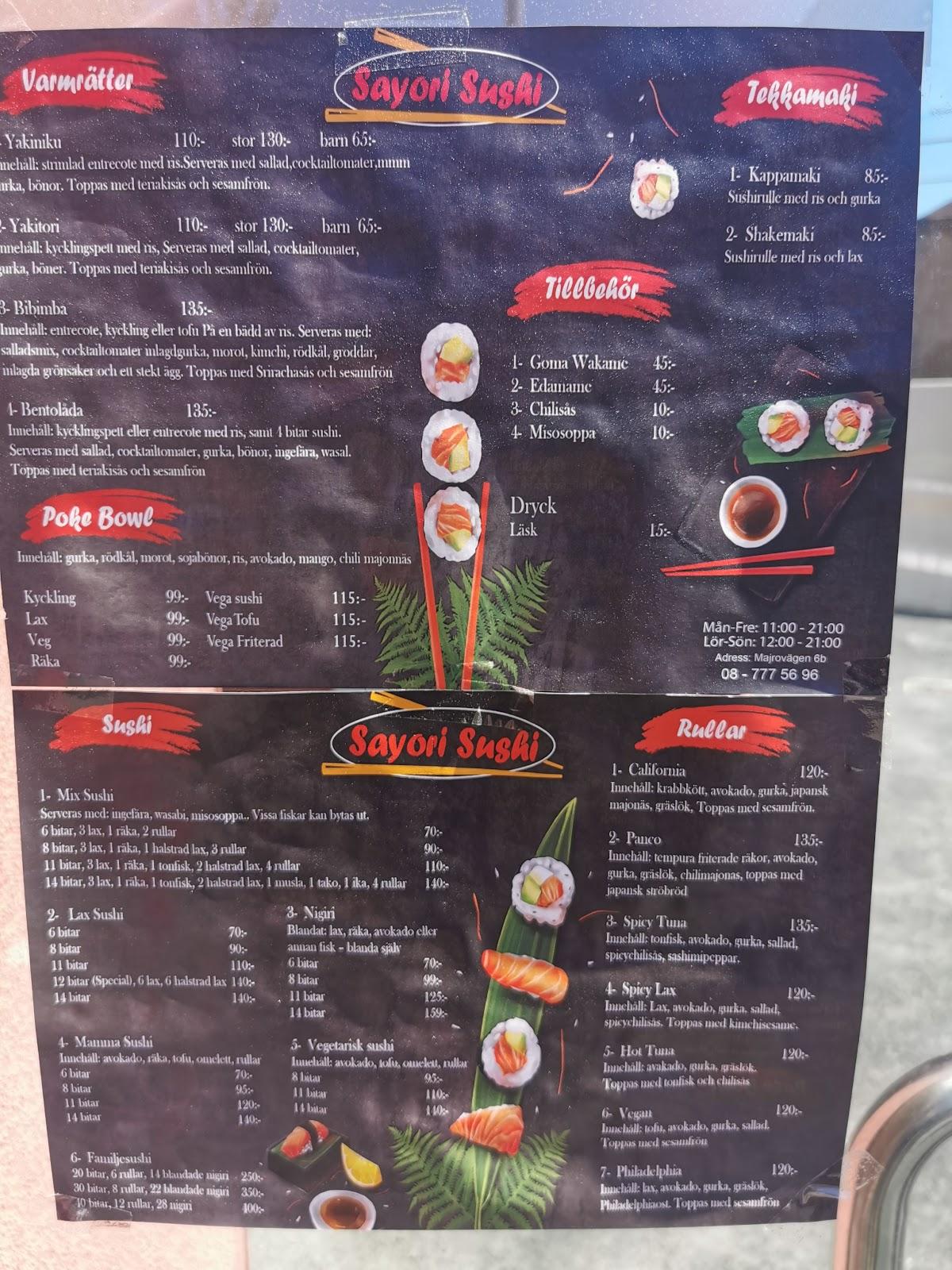 Menu at Sayori Sushi restaurant, Stockholm