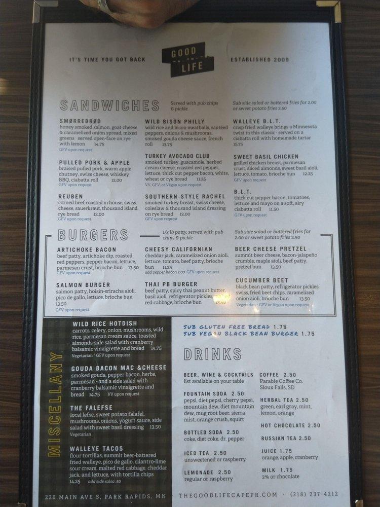 Menu at The Good Life Cafe, Park Rapids