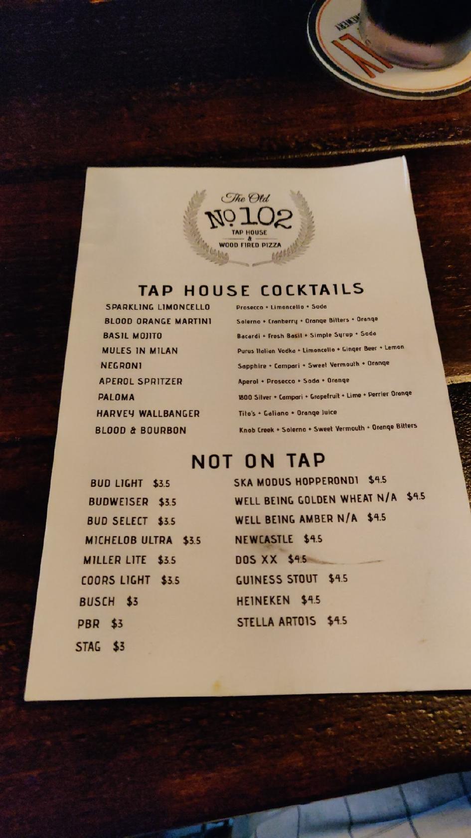 Menu at The Old no. 102 Tap House pub & bar, Farmington