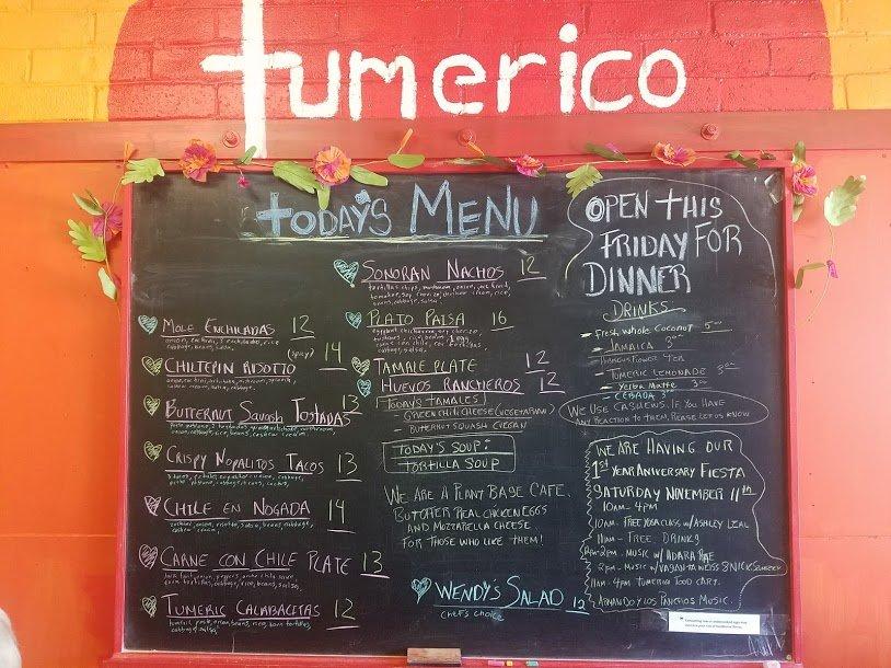 Menu at Tumerico restaurant, Tucson, E 6th St