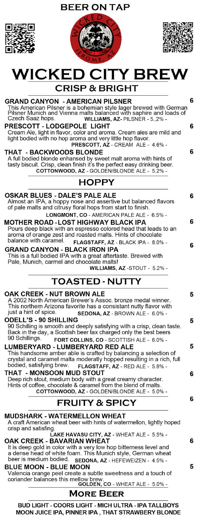 Menu at Wicked City Pub, Jerome