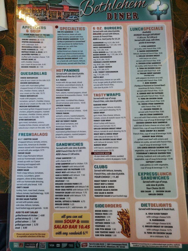 Menu at Bethlehem Diner restaurant, Allentown