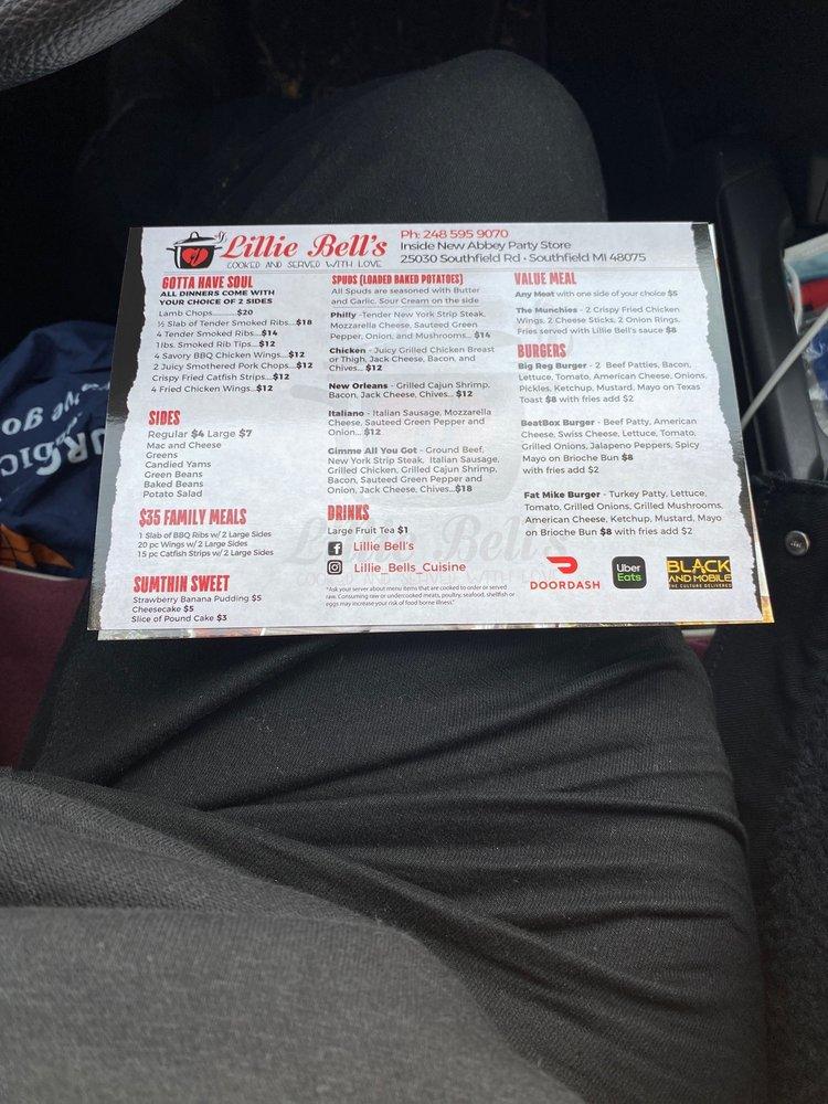 Menu at Lillie Bell's (Inside New Abbey Liquor Store) restaurant ...