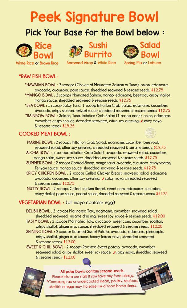 Menu at Peek A Bowl restaurant, Plymouth